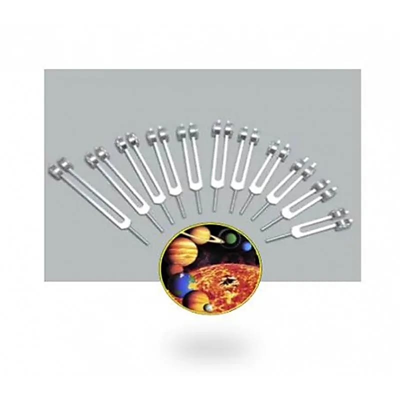 'Cosmic Planet' set of 11 tuning forks, made of silver anodized alumin ...